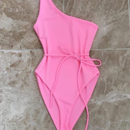Light Pink One-shoulder One-piece Swimsuit Featuring Tie Accent Belt on ...