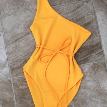 Light Pink One-shoulder One-piece Swimsuit Featuring Tie Accent Belt on ...