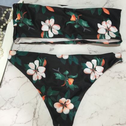 Hot Two Piece Print Floral Swimwear Bathsuit Bikinis Black on Luulla