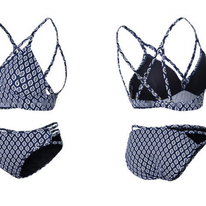 Cute Blue Print Two Piece Hollow Out Swimwear Bathsuit Bikinis on Luulla