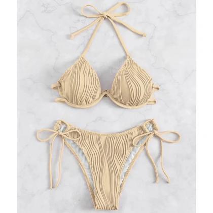 Pink Ribbed Triangle Bikini Set With Ties on Luulla