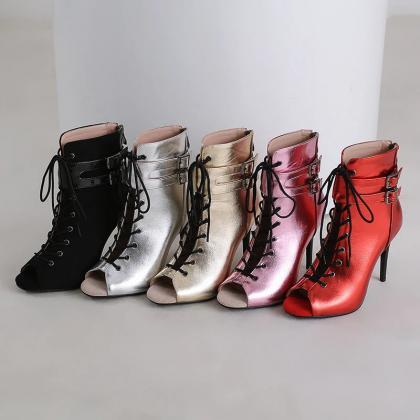 Red Metallic Lace-up High Heel Boots on Luulla