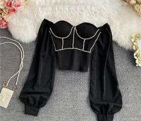 Sexy Diamond-studded Women's Tube Top Shirt Fashion Square Neck Long ...