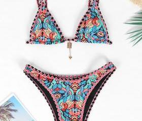 Bohemian Print Triangle Top Bikini Swimwear Set on Luulla