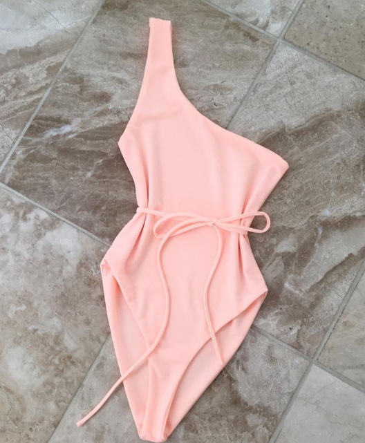 Light Pink One-shoulder One-piece Swimsuit Featuring Tie Accent Belt on ...