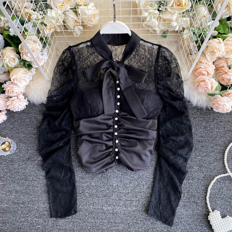 V-neck Women's Lace Long-sleeved Shirt With Pleated Stitching Top on Luulla