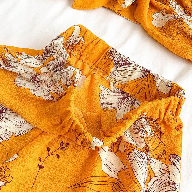 Sexy Tube Top With Chiffon Print Short Knotted Top High Waist Wide Leg ...