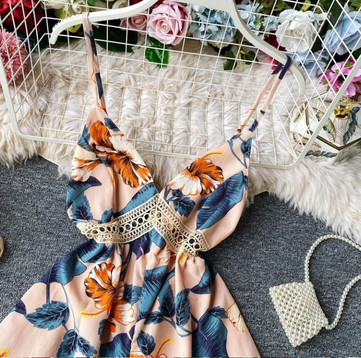 Summer Holiday Style V-neck Suspender Lace Jumpsuit Skirt Print Floral ...