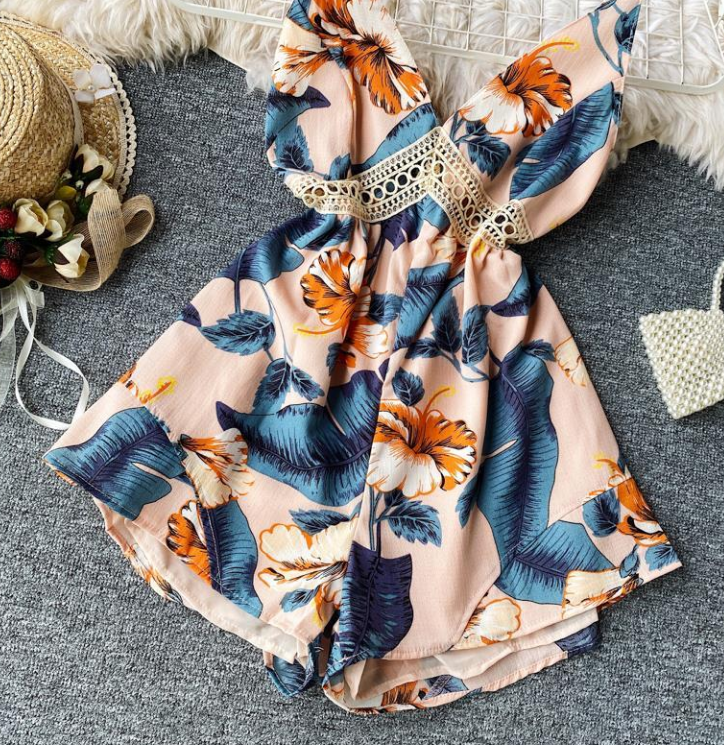 Summer Holiday Style V-neck Suspender Lace Jumpsuit Skirt Print Floral ...
