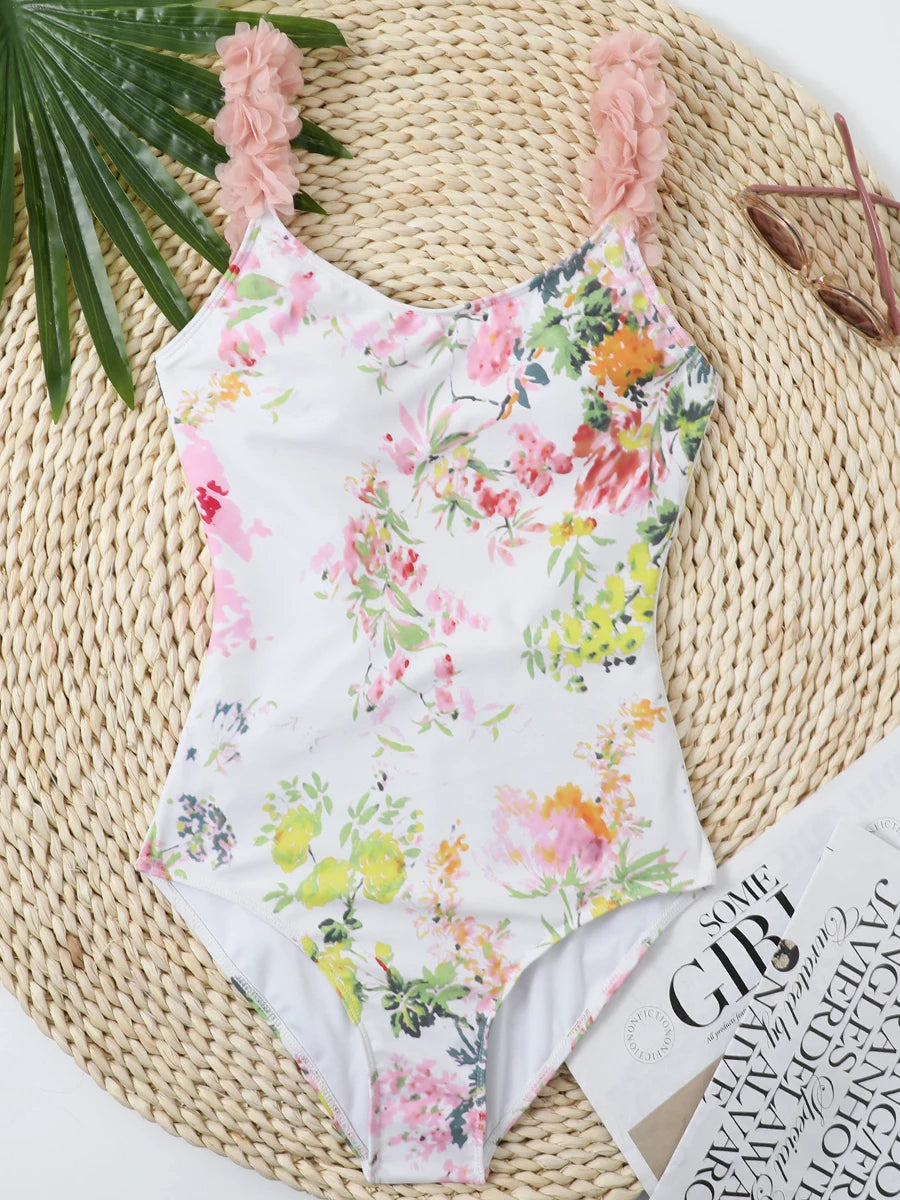 Girls Floral One-piece Swimsuit With Ruffle Shoulders on Luulla