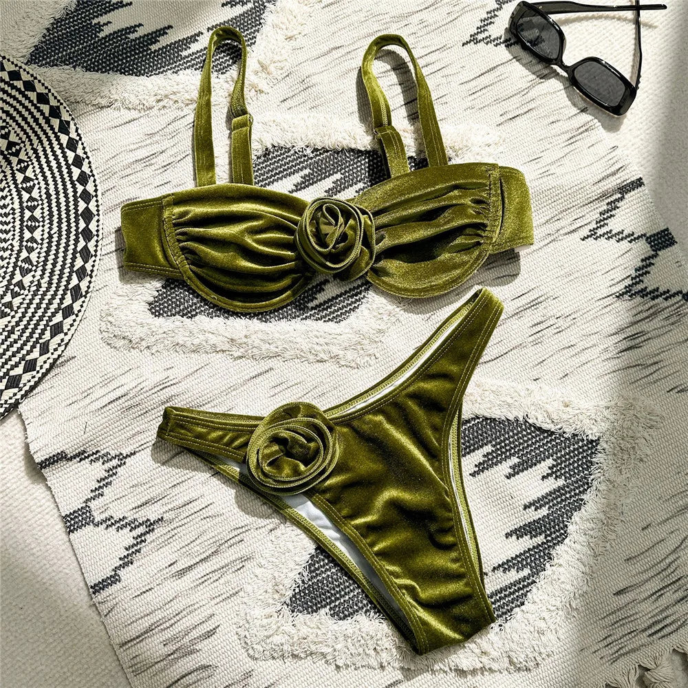Womens Olive Green Velvet Bikini Set With Rosettes on Luulla