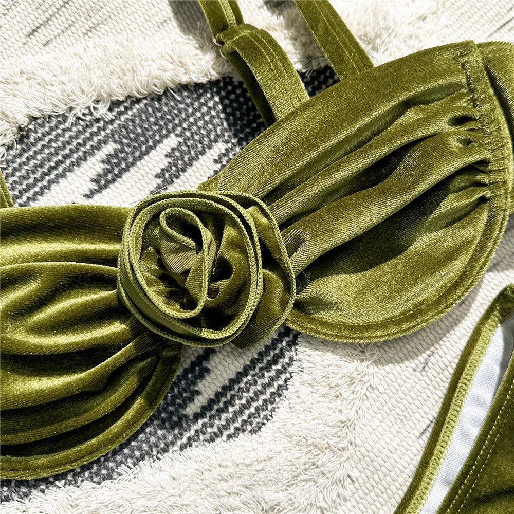 Womens Olive Green Velvet Bikini Set With Rosettes on Luulla
