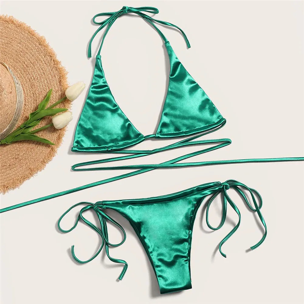 Emerald Green Satin Triangle String Bikini Set on Luulla