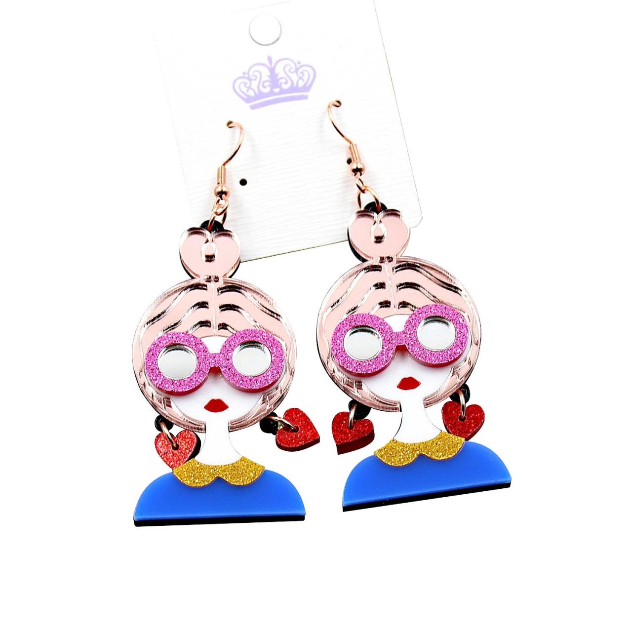 Funky Cartoon Lady Face Dangle Earrings