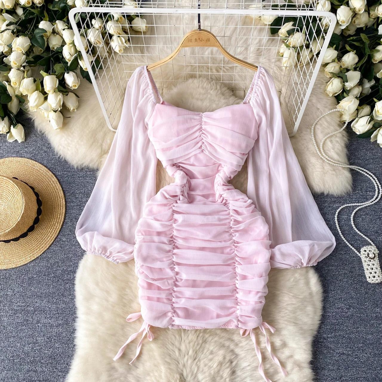 Elegant Pink Ruched Dress With Sheer Sleeves on Luulla