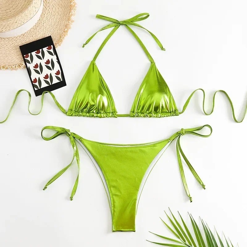 Shiny Purple Halter Tie Bikini Swimsuit Set on Luulla