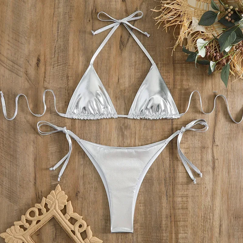 Shiny Purple Halter Tie Bikini Swimsuit Set on Luulla