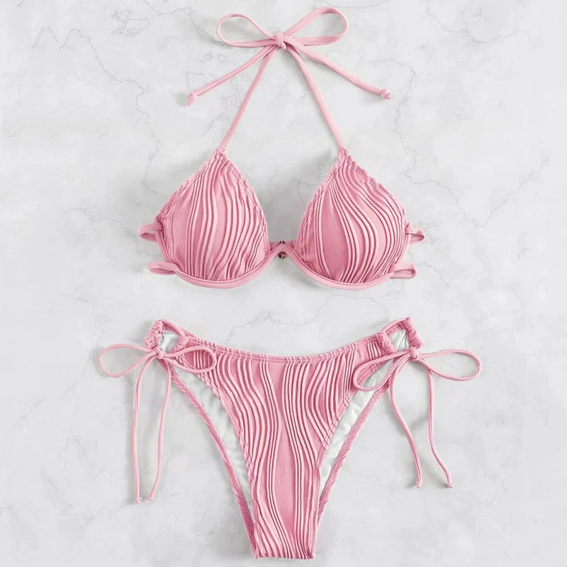 Pink Ribbed Triangle Bikini Set With Ties on Luulla