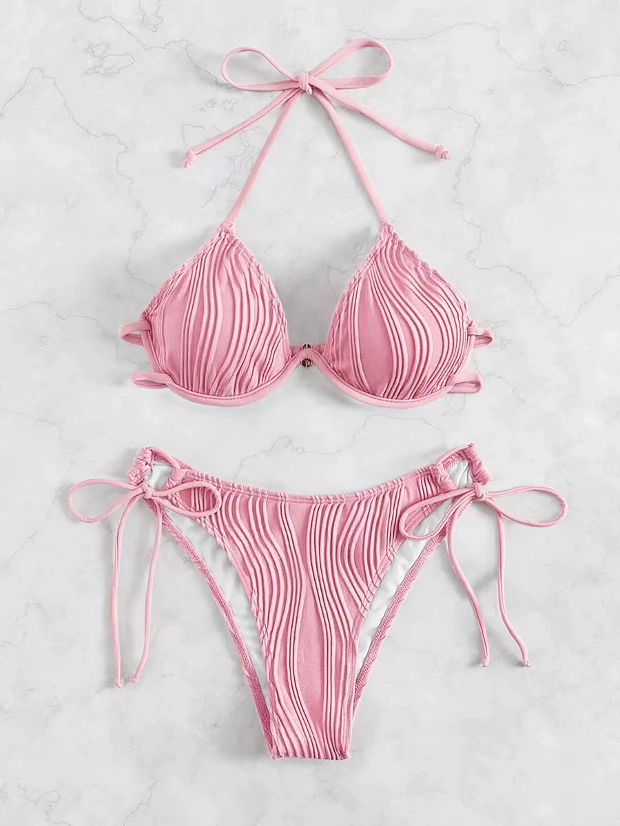 Pink Ribbed Triangle Bikini Set With Ties on Luulla