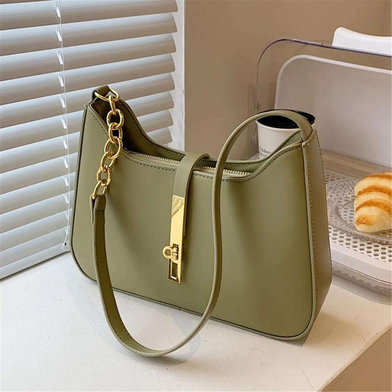 Elegant Olive Green Leather Shoulder Bag on Luulla