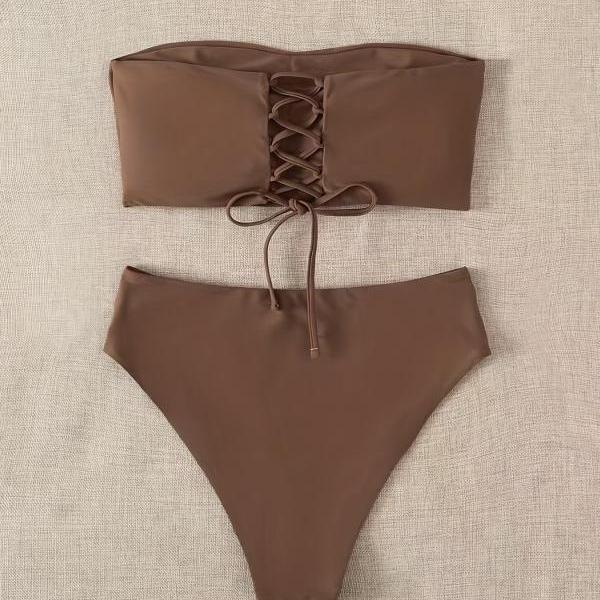 Pure Color Simple Two Piece Bikinis Swimwear Bathsuit on Luulla