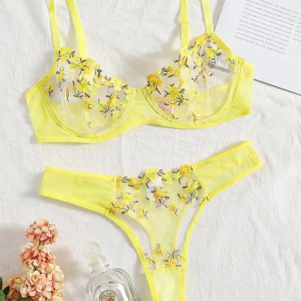 Floral Embroidered Sheer Yellow Lingerie Set on Luulla