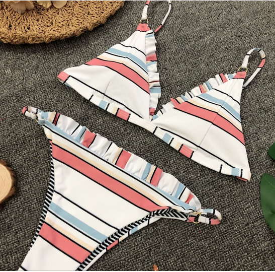Two-piece Bikini Triangle Top And Bottom With Colourful Stripes And ...