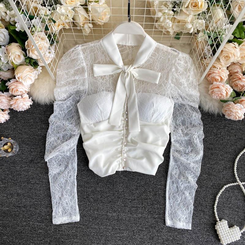 V-neck Women's Lace Long-sleeved Shirt With Pleated Stitching Top on Luulla