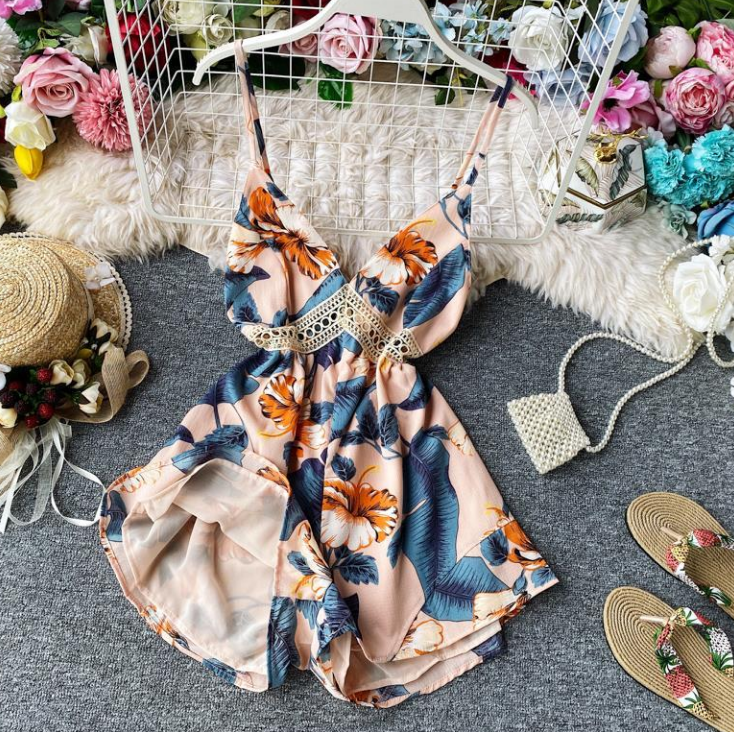 Summer Holiday Style V-neck Suspender Lace Jumpsuit Skirt Print Floral ...
