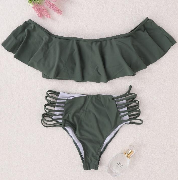 Ruffle Edge Off Shoulder Sexy Tight Solid Color Swimwear on Luulla