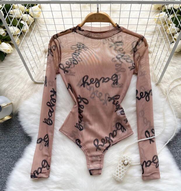 Mesh Onesie T-shirt Women's Summer Sexy Slim 100 Round Neck Long Sleeve ...
