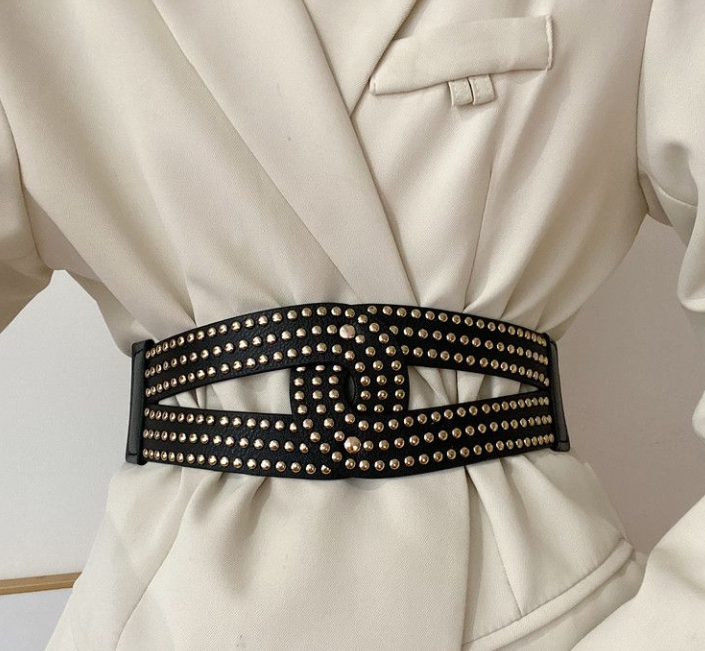 Women's Elastic Wide Belt Design Sense Rivet Embellished With Suit ...