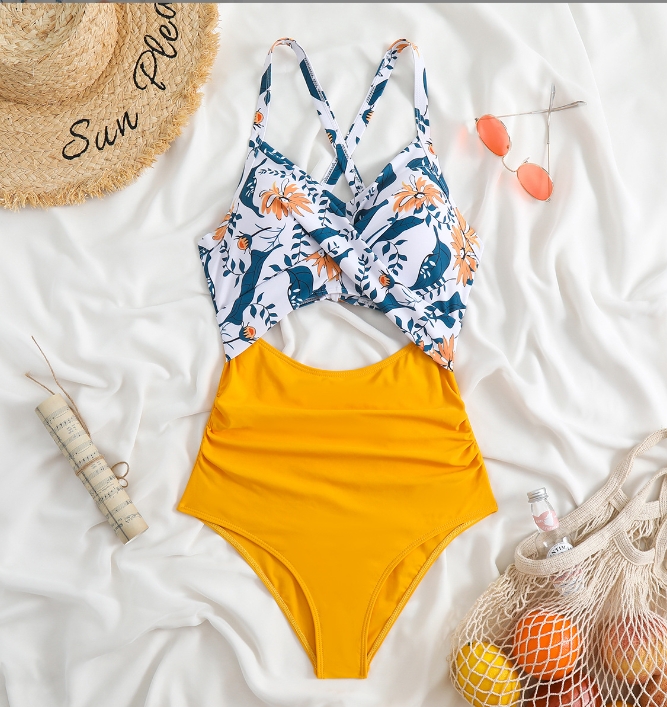One-piece Swimsuit Color Blocking Sexy Hollow Cross Strap Swimsuit For ...