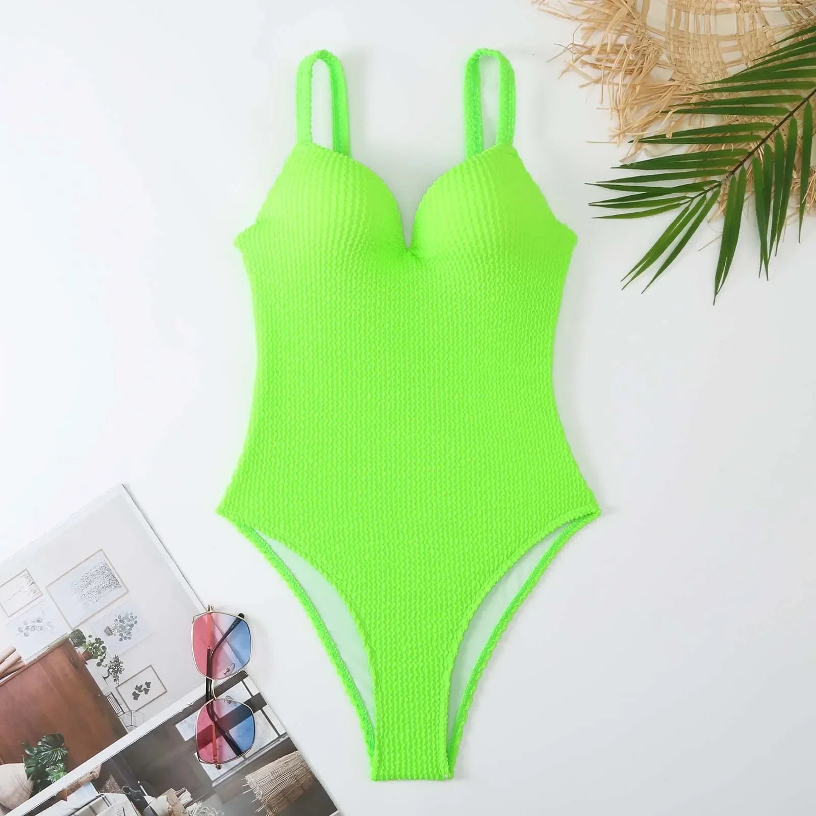 Womens Neon Green Ribbed One-piece Swimsuit Beachwear on Luulla