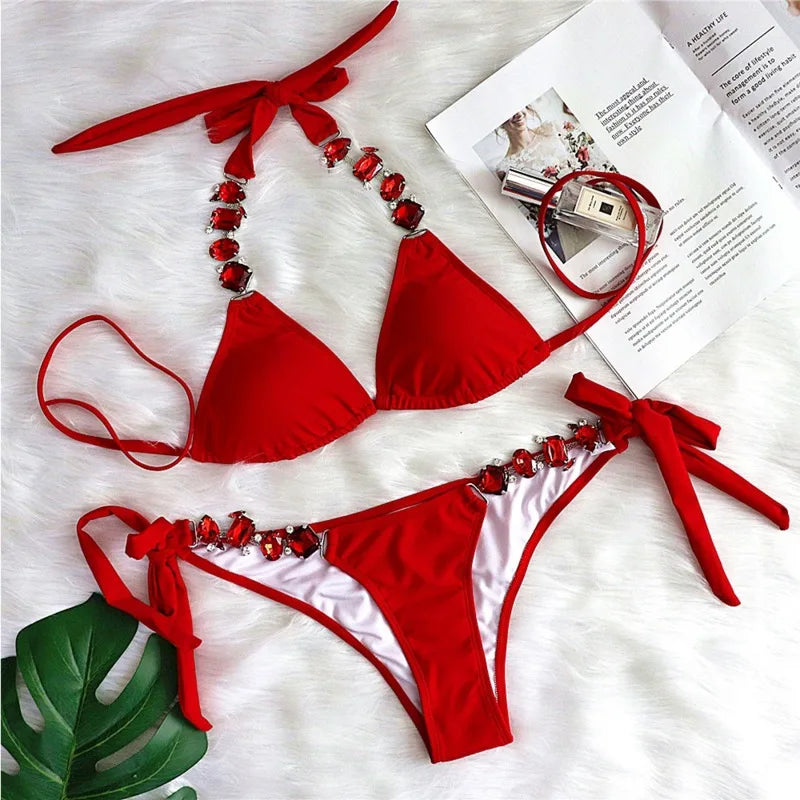 Red Crystal Embellished Two-piece Bikini Swimwear Set on Luulla