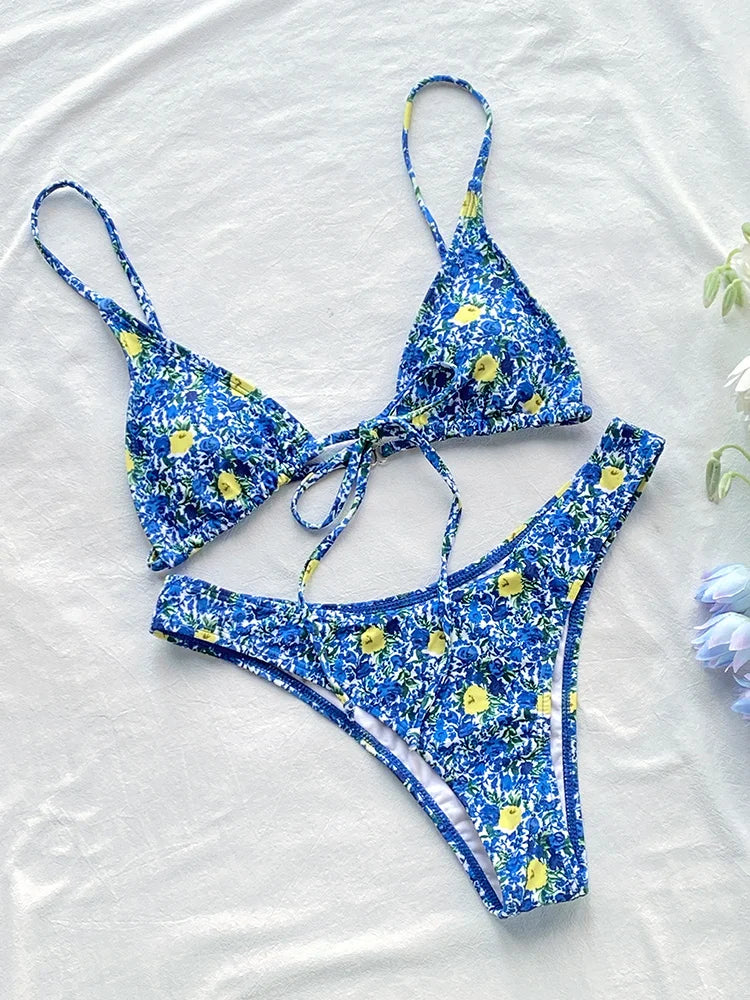 Womens Floral Print Blue Bikini Set Two-piece Swimwear on Luulla