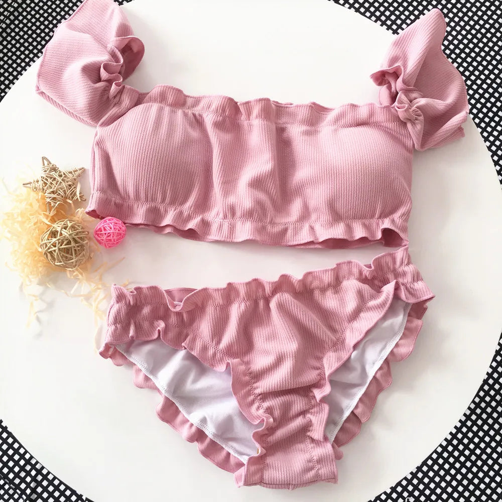 Pink Ruffled Off-shoulder Bikini Swimwear Set For Women on Luulla