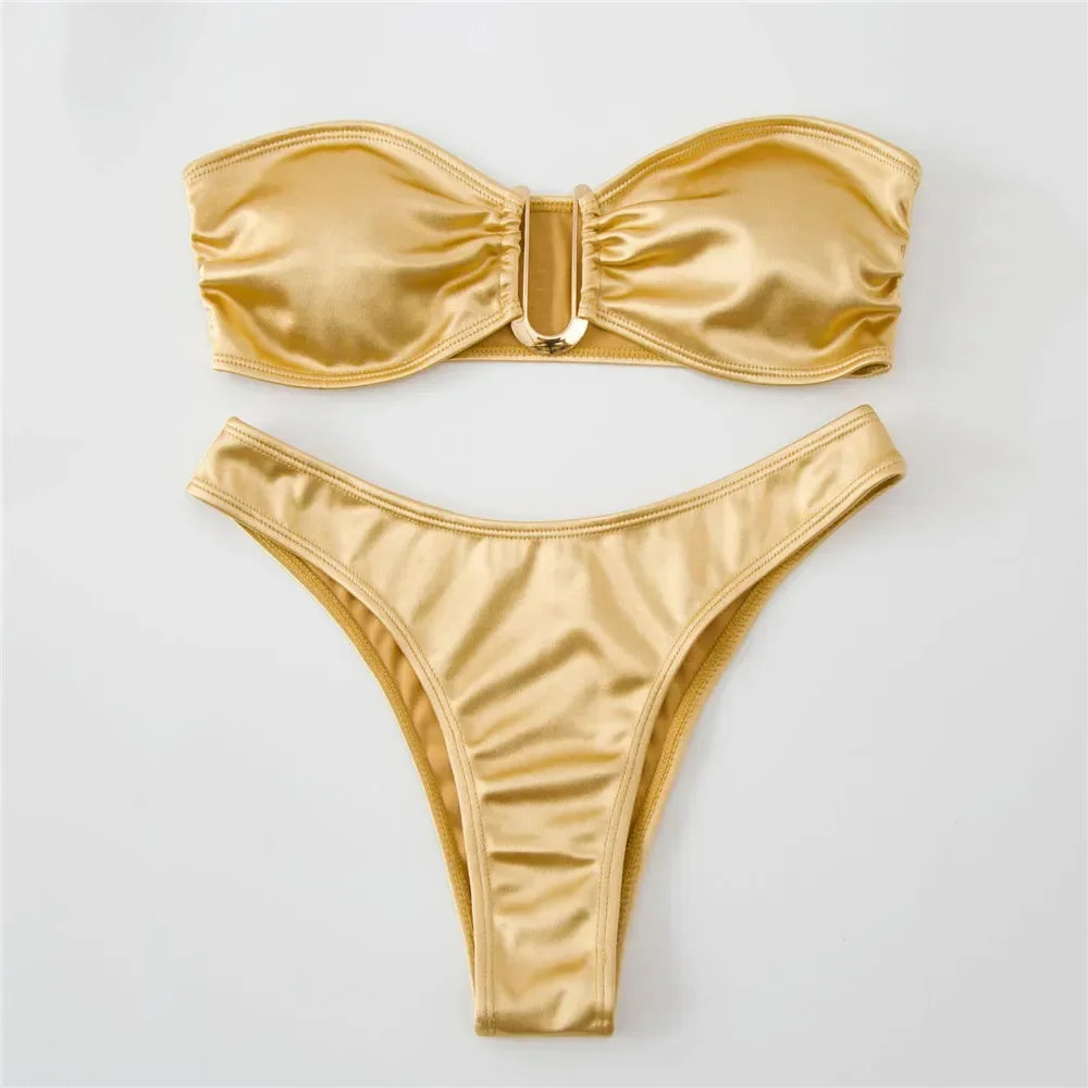 Womens Gold Satin Bikini Set With Front Buckle on Luulla