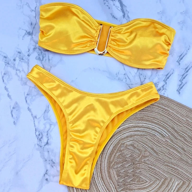 Womens Gold Satin Bikini Set With Front Buckle on Luulla