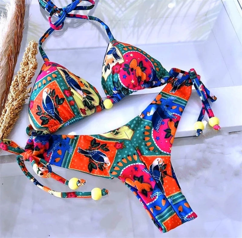 Colorful Bohemian Print Bikini Swimwear With Pompom Detail on Luulla