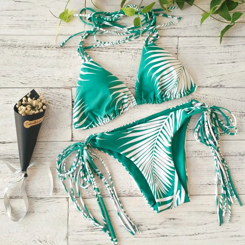 Womens Tropical Leaf Print String Tie Bikini Set on Luulla