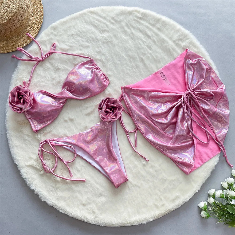 Womens Pink Metallic Bikini Set With Matching Scrunchies on Luulla