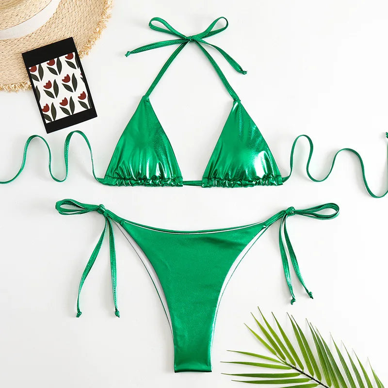 Womens Shiny Green Triangle Bikini Swimwear Set on Luulla
