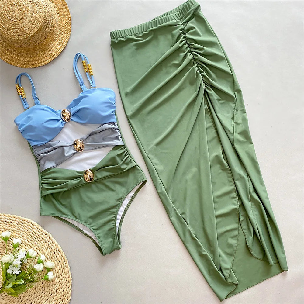 Womens Color Block One-piece Swimsuit With Button Accents on Luulla