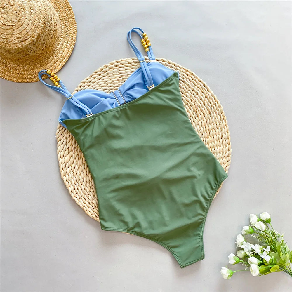 Womens Color Block One-piece Swimsuit With Button Accents on Luulla