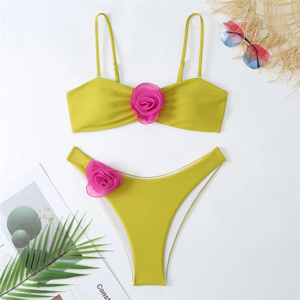 Womens Floral Accent Two-piece Yellow Bikini Set on Luulla