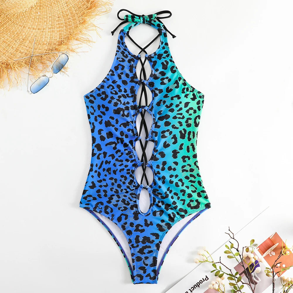 Womens Leopard Print Lace Up Halter One Piece Swimsuit On Luulla