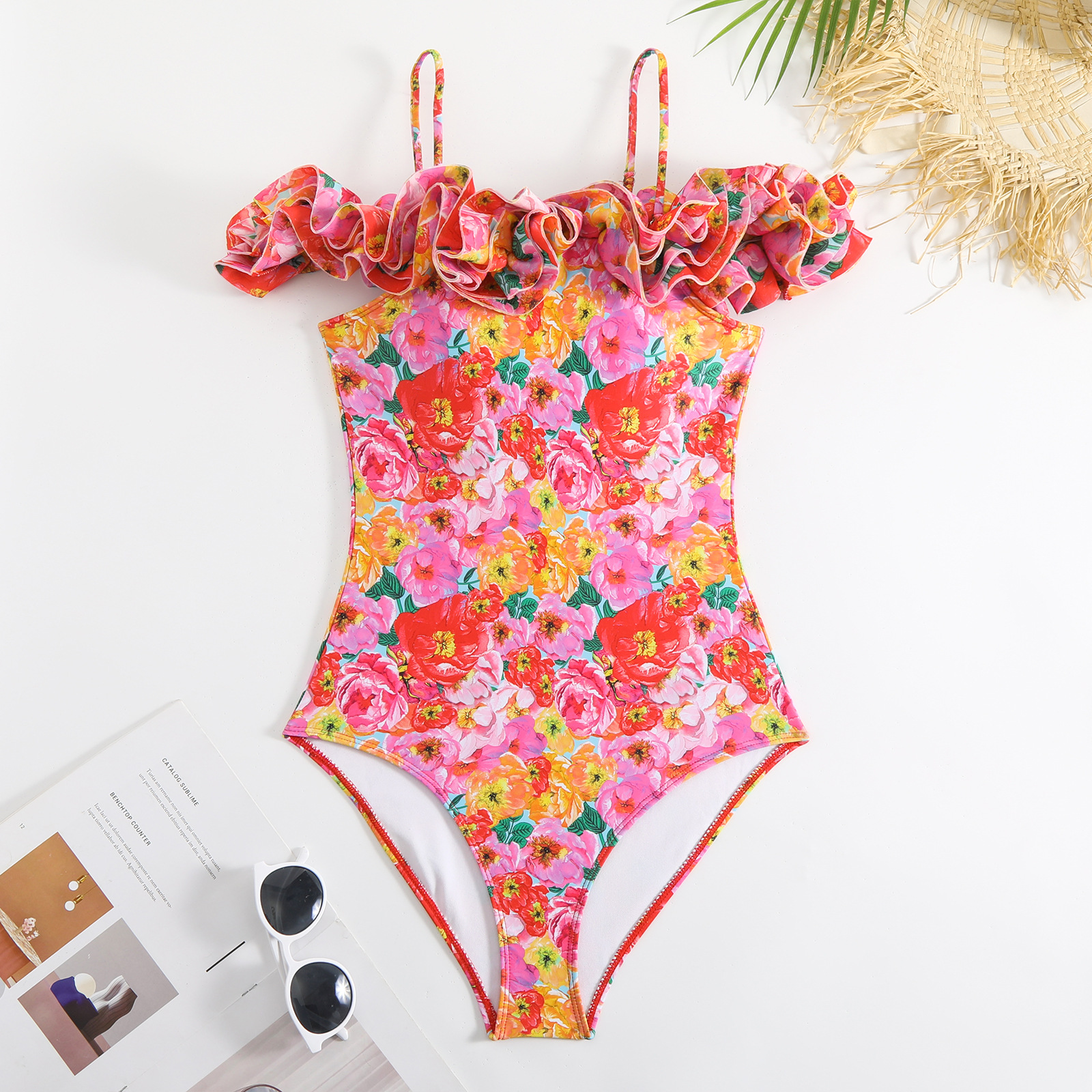 Vibrant Pink Floral Ruffle Off-shoulder Swimsuit on Luulla