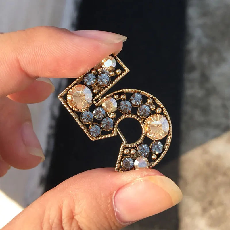 Sparkling Rhinestone Gold Plated Number Five Brooch on Luulla