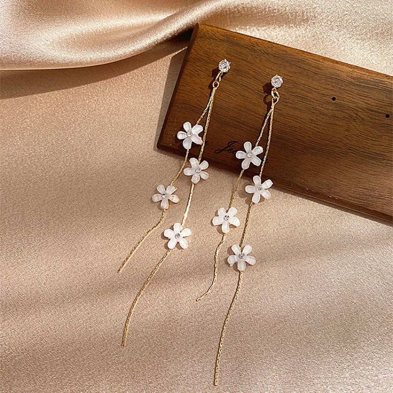 Elegant Long Dangle Floral Pearl Drop Earrings on Luulla
